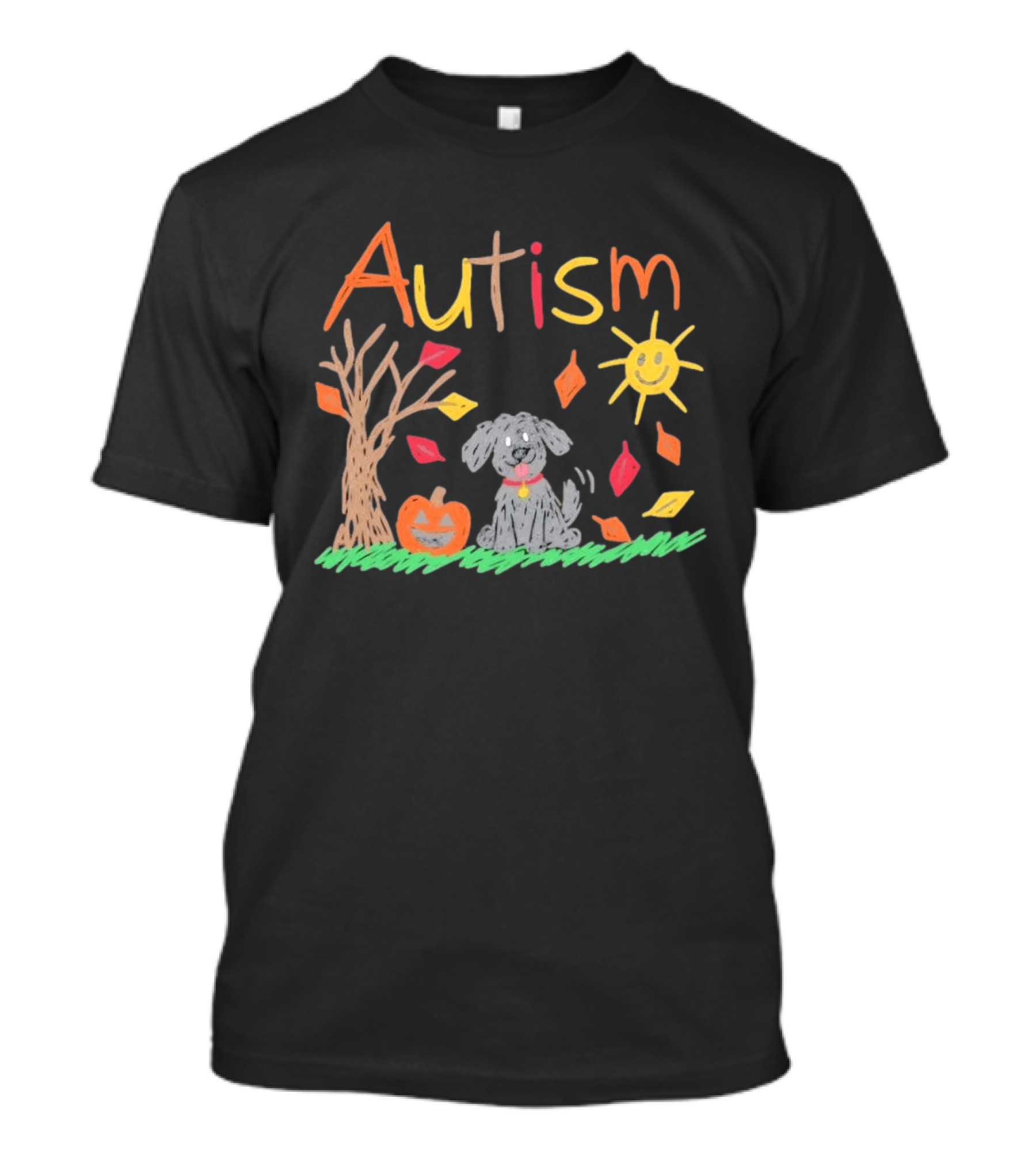 Autism Awareness Fall Puppy Pumpkin Autumn Leaves Sun Drawing T-Shirt