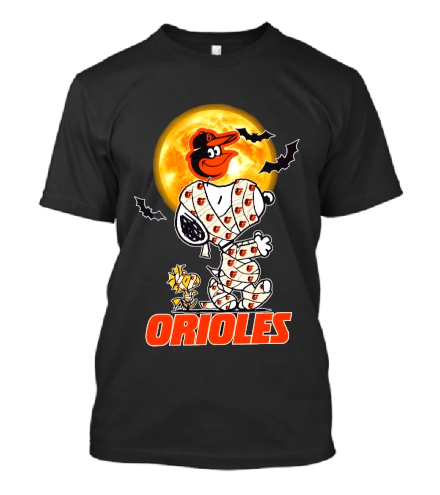 Baltimore Orioles Halloween Snoopy Woodstock Mummy Cosplay Moon Bats T-Shirt