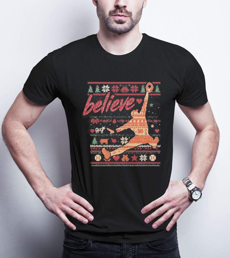 Believe Orioles Air Cowser Ugly Christmas Festive Sweater Baseball Catch T-Shirt