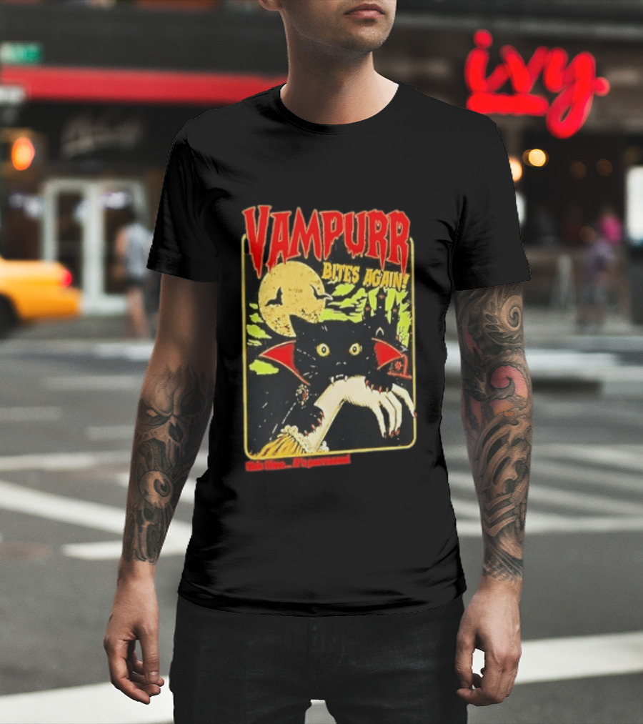 Vampurr Bites Again This Time It's Purrsonal Vintage Horror Cat Moon And Castle T-Shirt