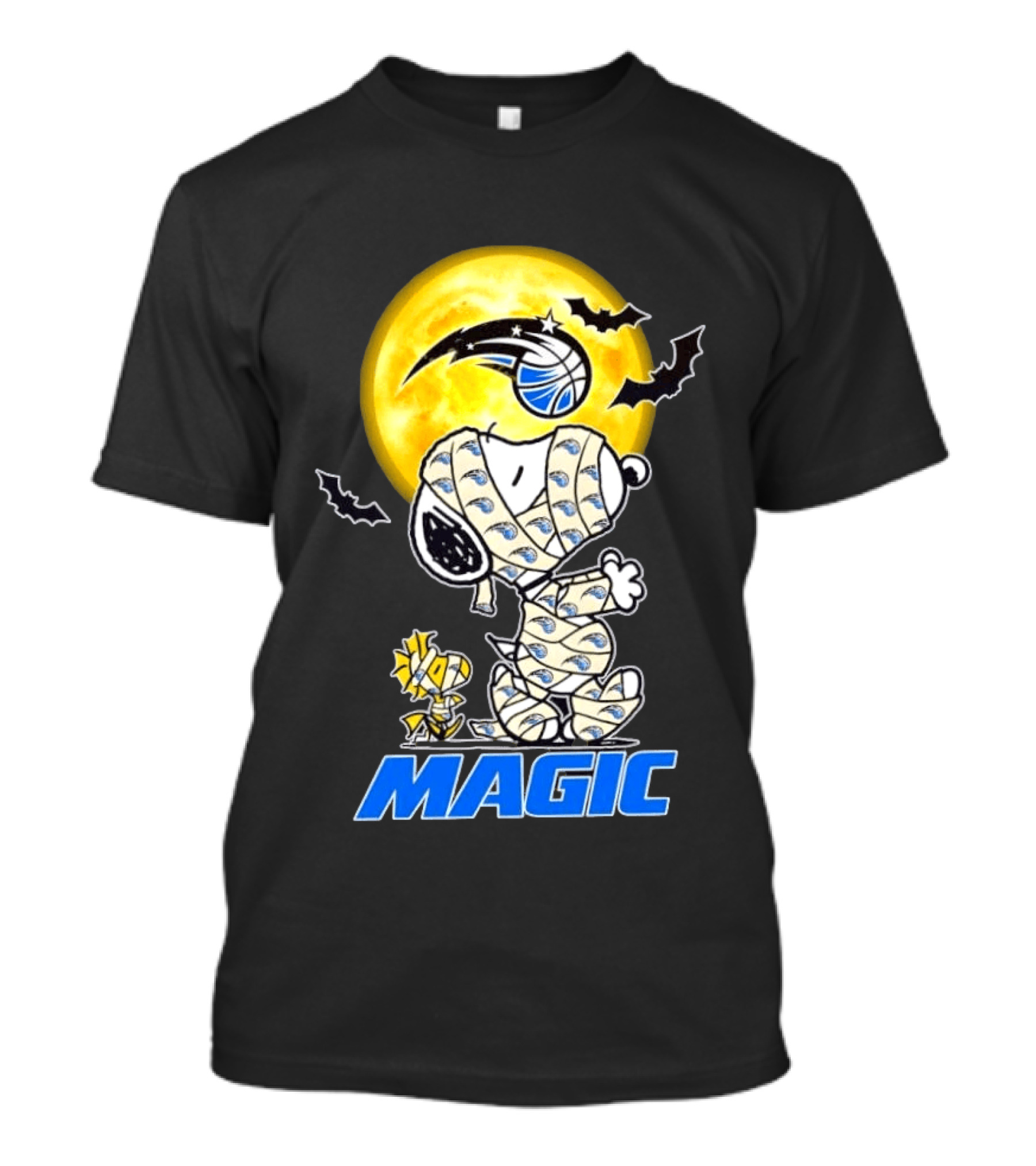 Orlando Magic Snoopy Woodstock Halloween Mummy Cosplay With Moon And Bats T-Shirt