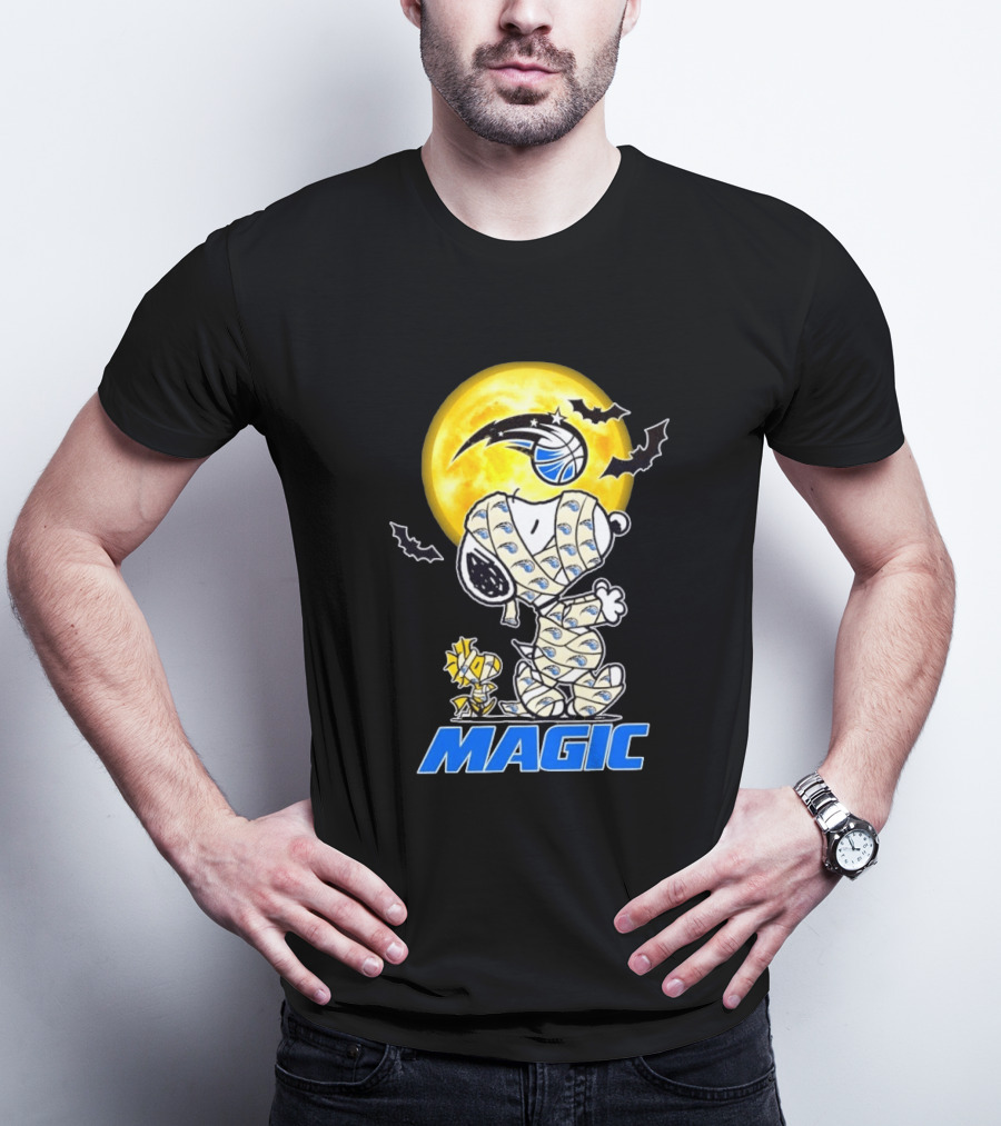 Orlando Magic Snoopy Woodstock Halloween Mummy Cosplay With Moon And Bats T-Shirt