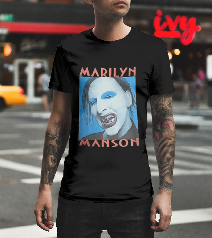 Marilyn Manson Blue Makeup Metallic Teeth Grimace T-Shirt