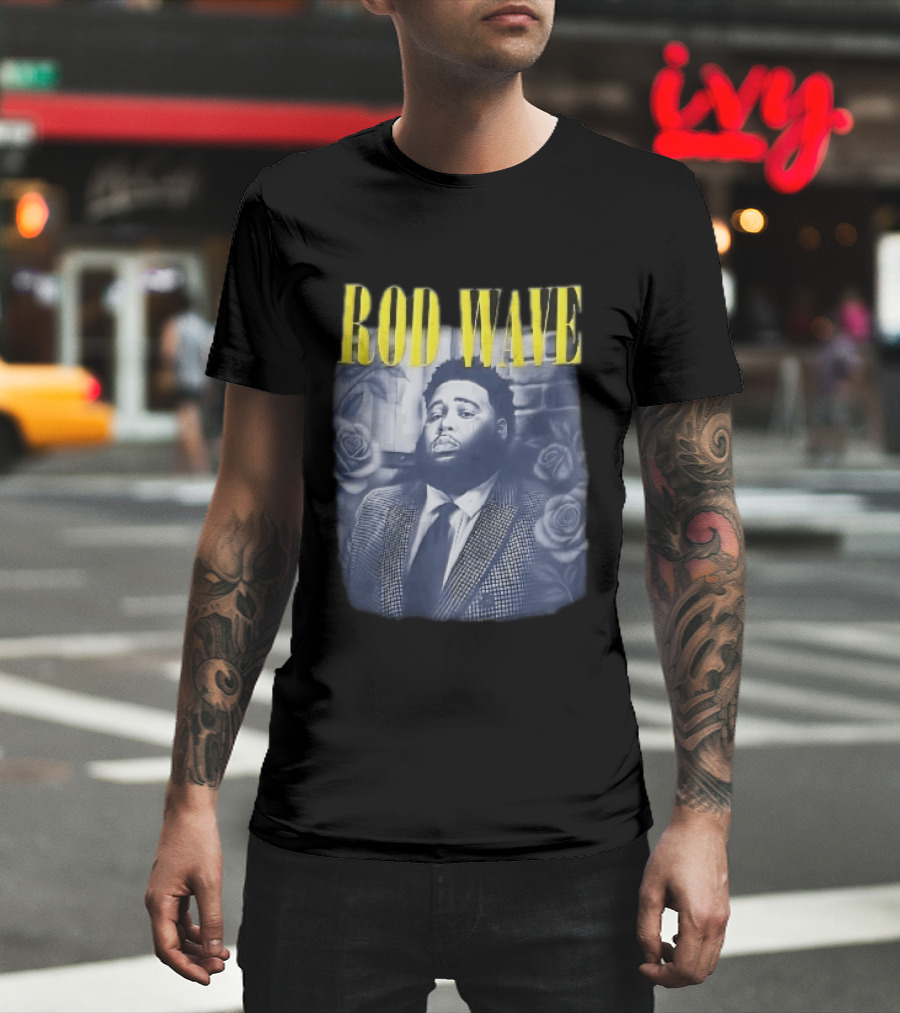 Rod Wave Yellow Bootleg Grayscale Suit Tie Roses Brick Wall T-Shirt