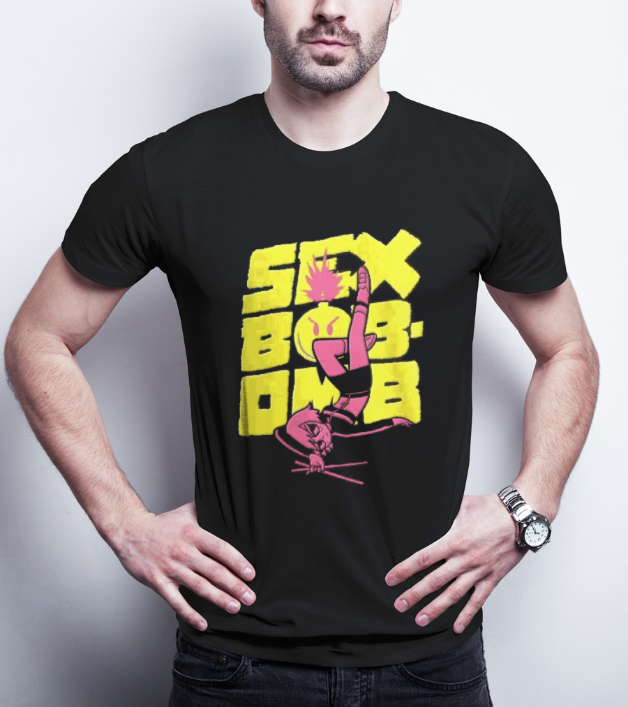 Sex Bob Omb Inverted Pink Cartoon Drummer With Drumsticks Bold Yellow T-Shirt