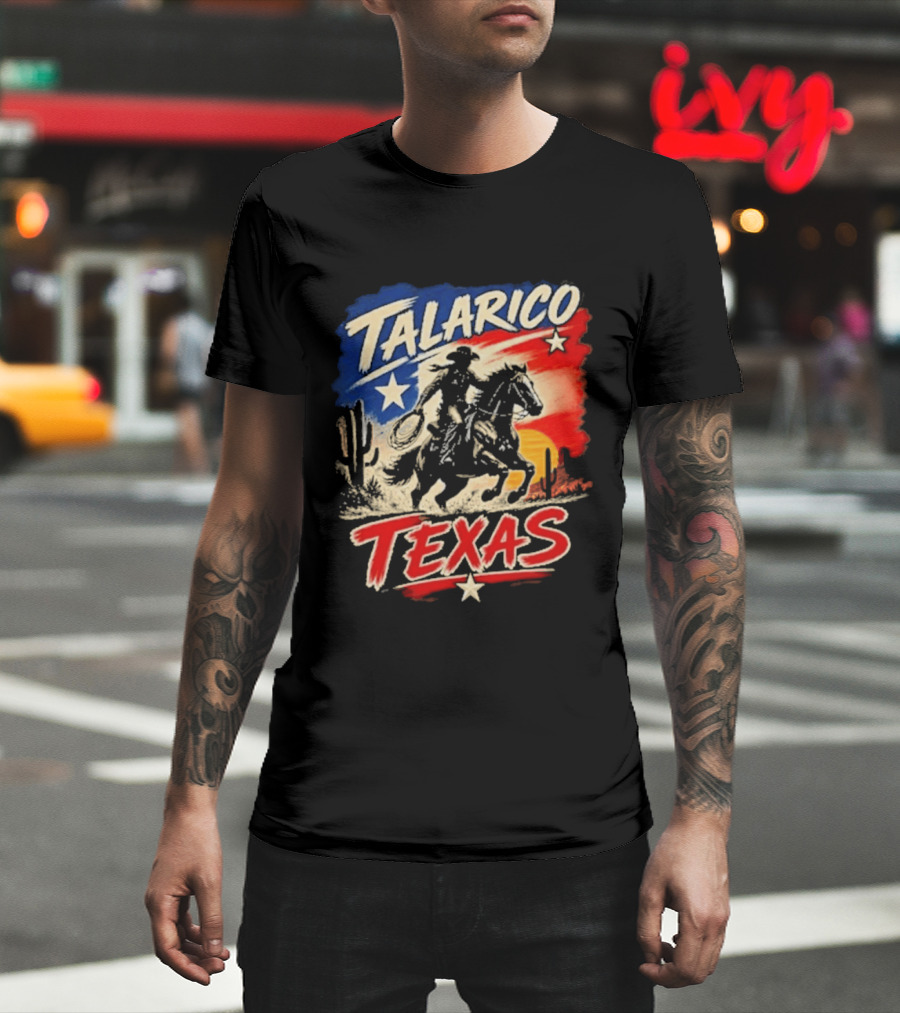 Talarico Texas Cowboy Riding Silhouette With Lone Star And Cactus T-Shirt