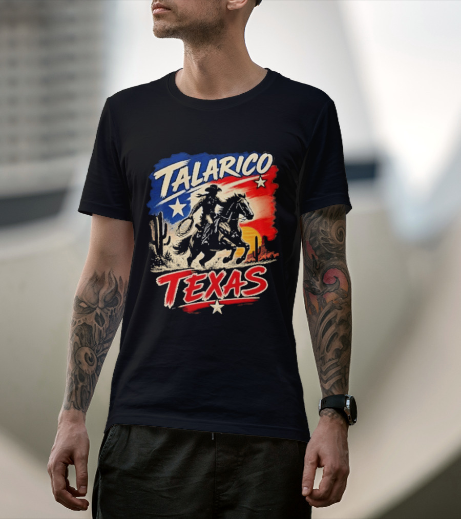 Talarico Texas Cowboy Riding Silhouette With Lone Star And Cactus T-Shirt