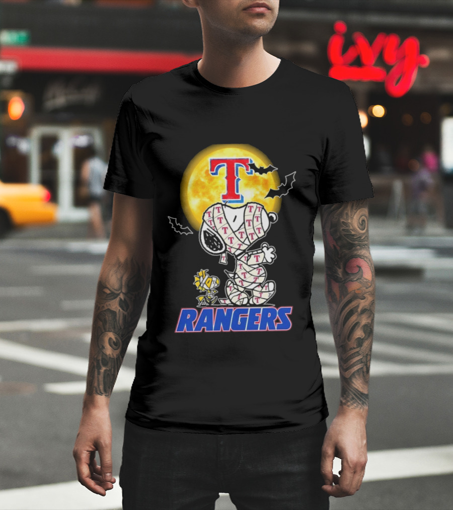 Texas Rangers Snoopy Woodstock Mummy Halloween Collaboration T-Shirt