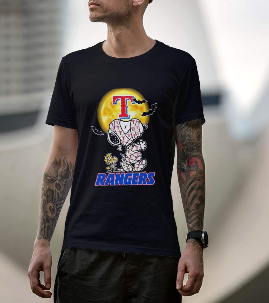 Texas Rangers Snoopy Woodstock Mummy Halloween Collaboration T-Shirt