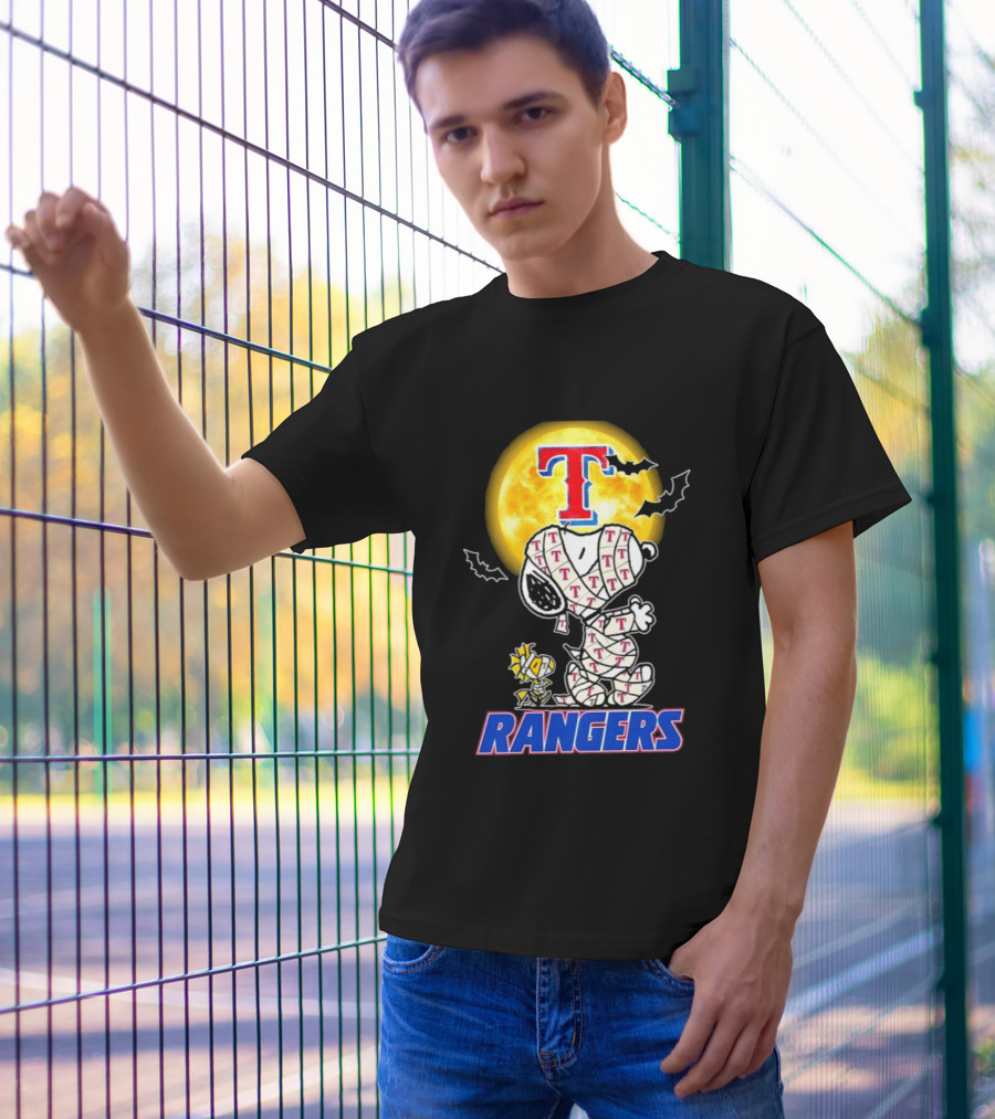 Texas Rangers Snoopy Woodstock Mummy Halloween Collaboration T-Shirt