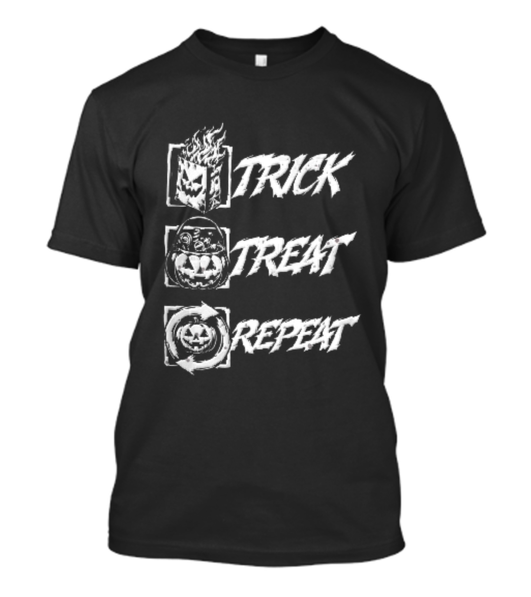 Trick Treat Repeat Flaming Bag Candy Bucket Pumpkin Motif T-Shirt