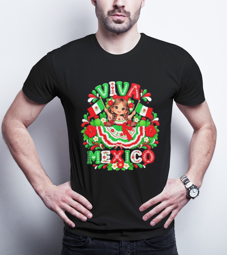 Viva Mexico Girl Festive Mexican Flags Floral Celebration T-Shirt