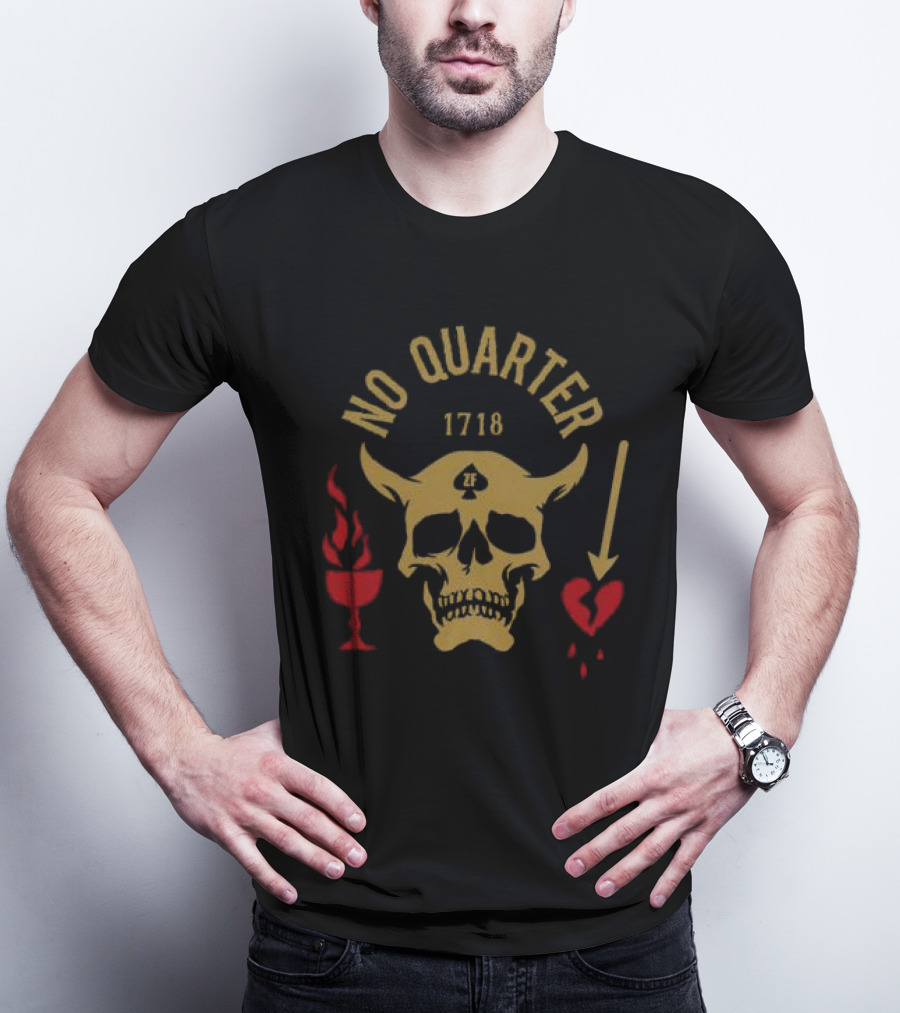 No Quarter 1718 Skull Red Heart Flame Arrow T-Shirt