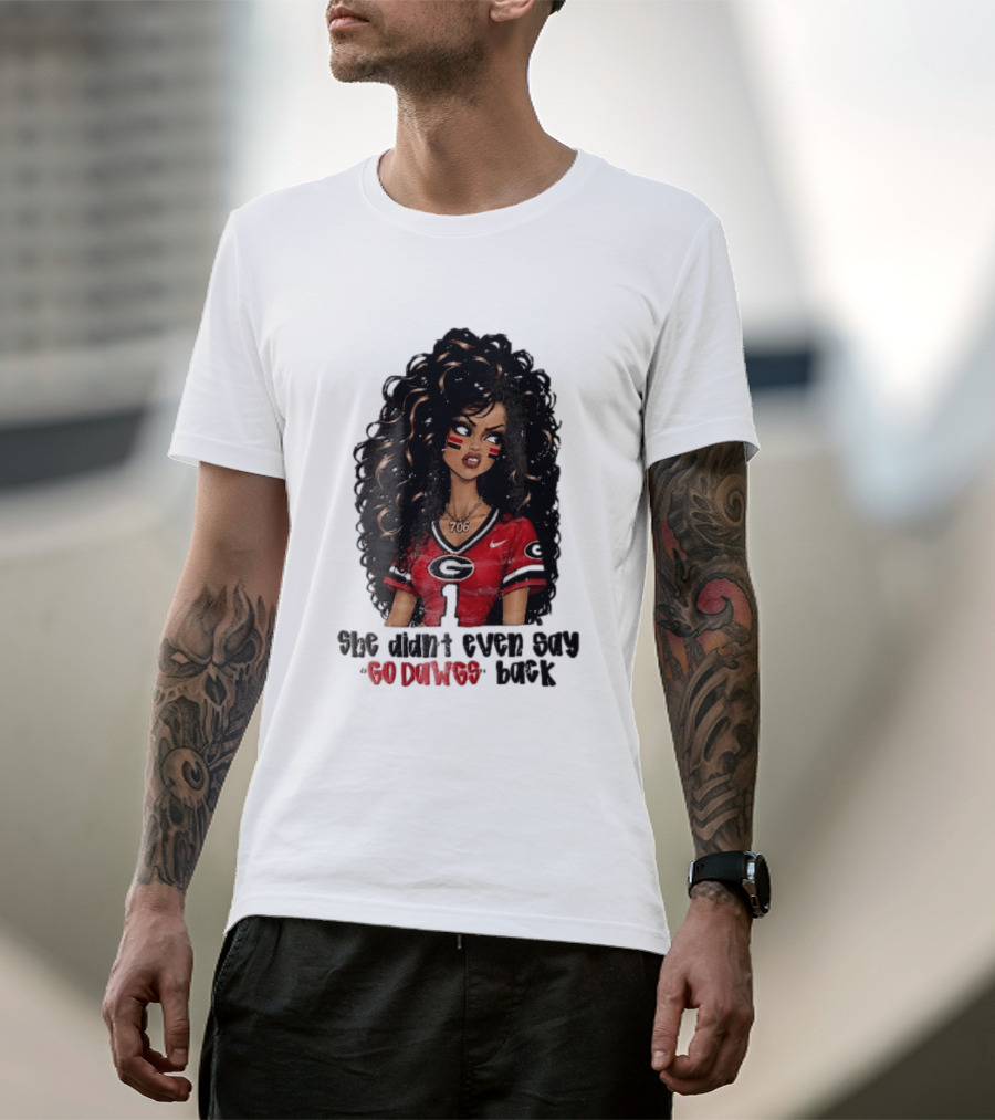 Georgia Bulldogs She Didn't Even Say Go Dawgs Cartoon Woman Curly Hair Red Jersey 706 T-Shirt