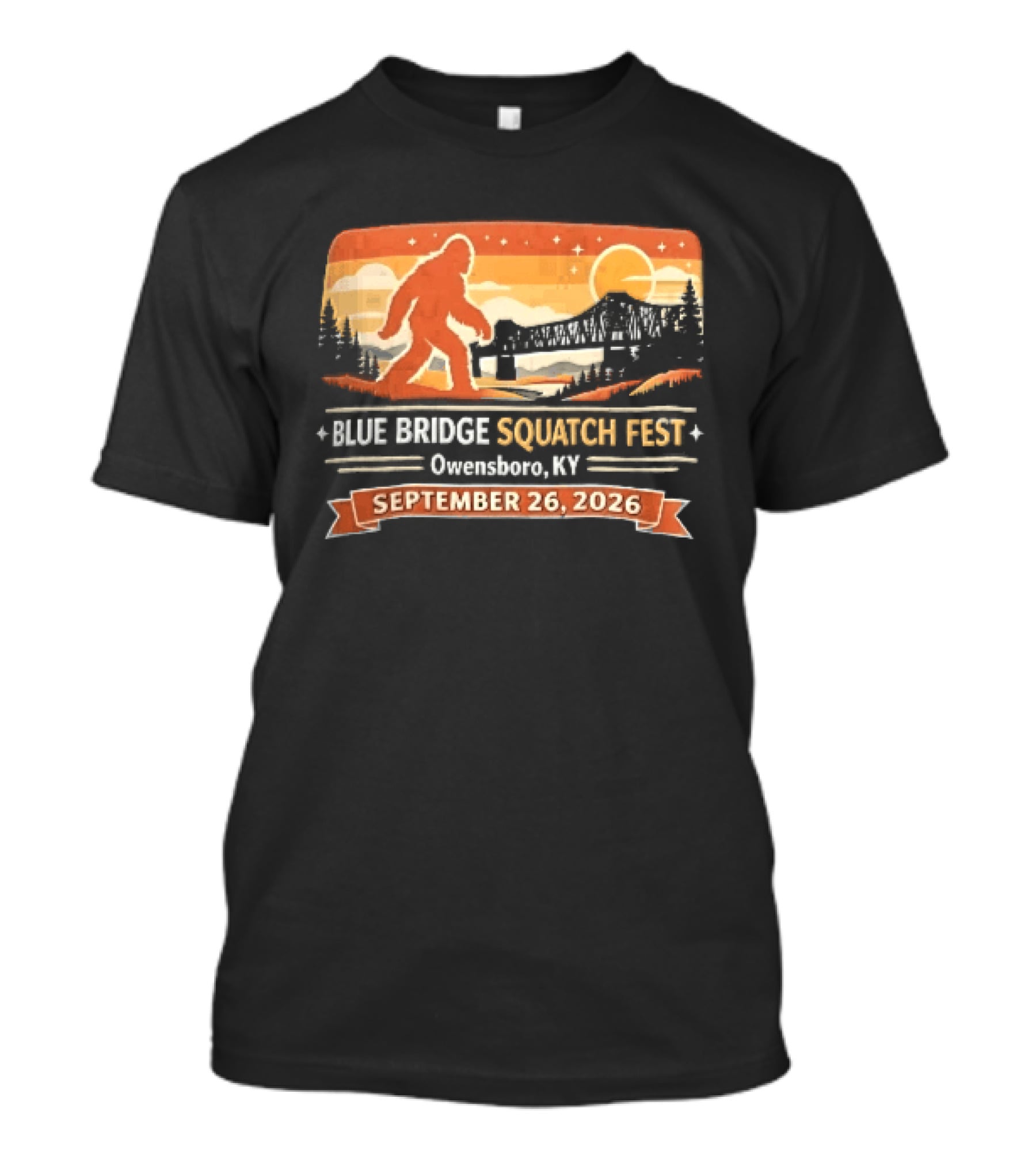 Blue Bridge Squatch Fest Owensboro KY Sasquatch River Sunset September 26 2026 T-Shirt
