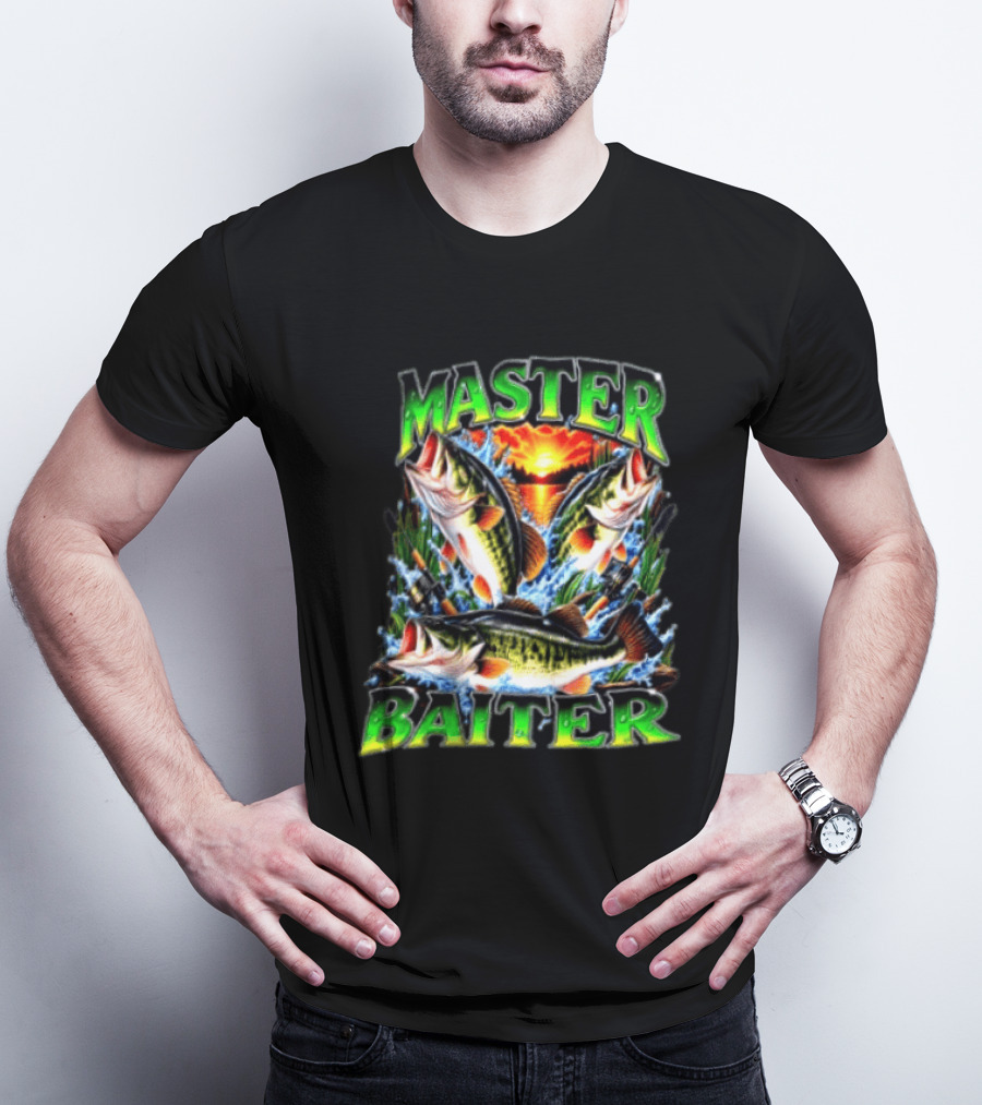 Master Baiter Fishing Large Mouth Bass Sunset Scene T-Shirt