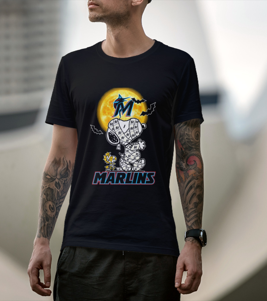 Miami Marlins Snoopy Woodstock Mummy Halloween Moon T-Shirt