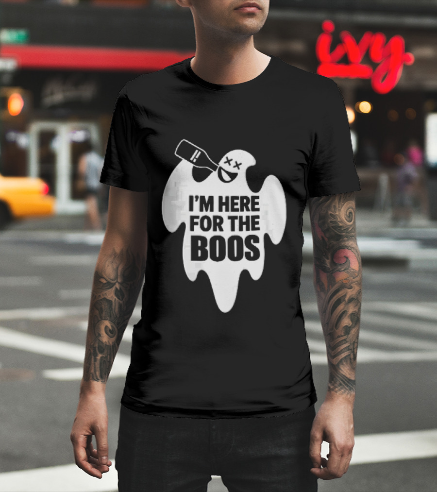 I'm Here For The Boos Cartoon Ghost Drinking Alcohol Bottle T-Shirt