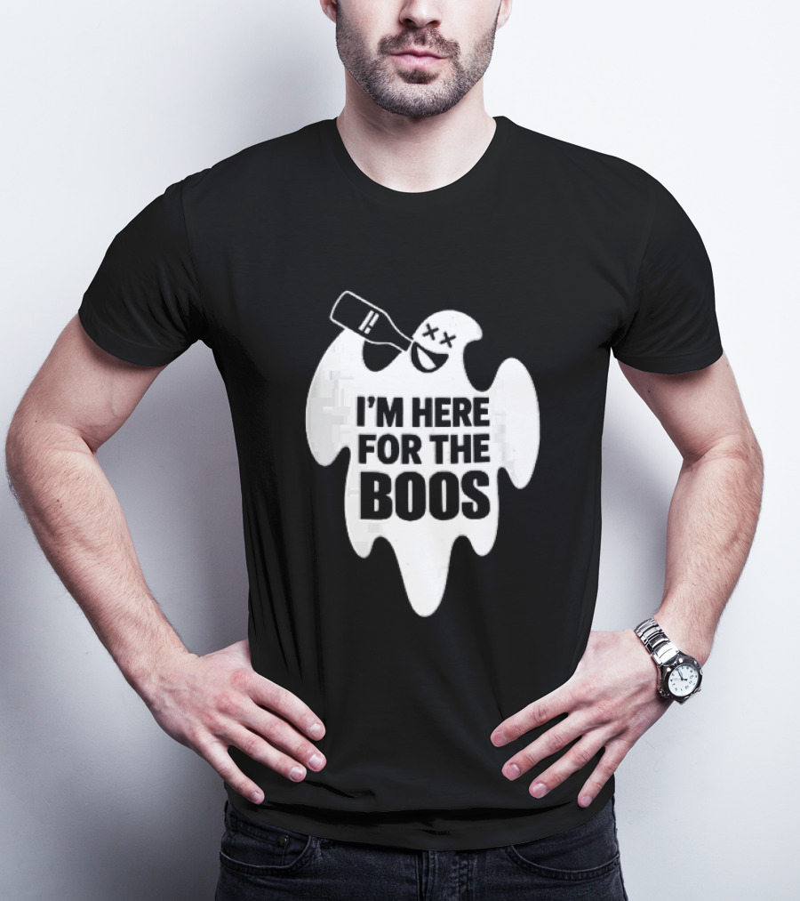 I'm Here For The Boos Cartoon Ghost Drinking Alcohol Bottle T-Shirt
