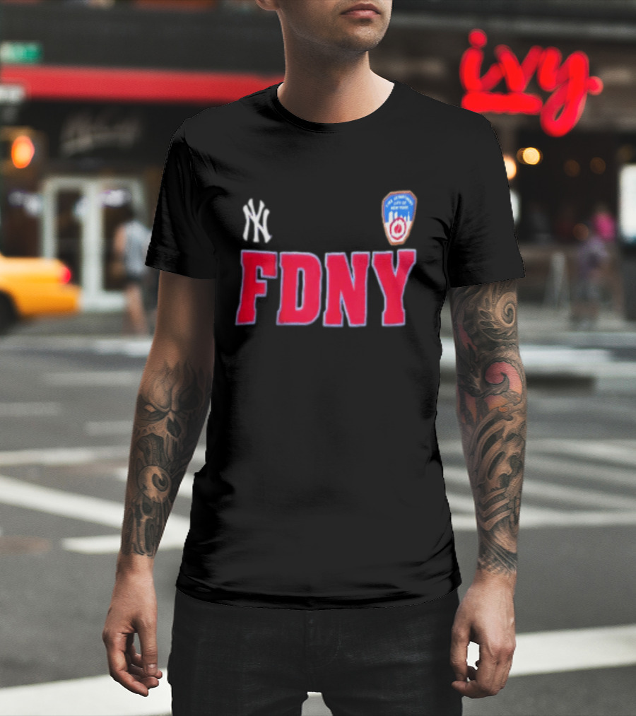 New York Yankees FDNY Collaboration With FDNY Patch And Yankees T-Shirt