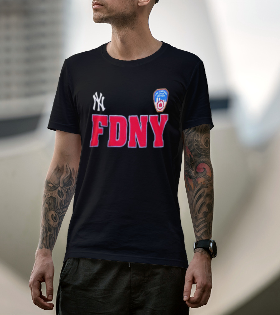 New York Yankees FDNY Collaboration With FDNY Patch And Yankees T-Shirt