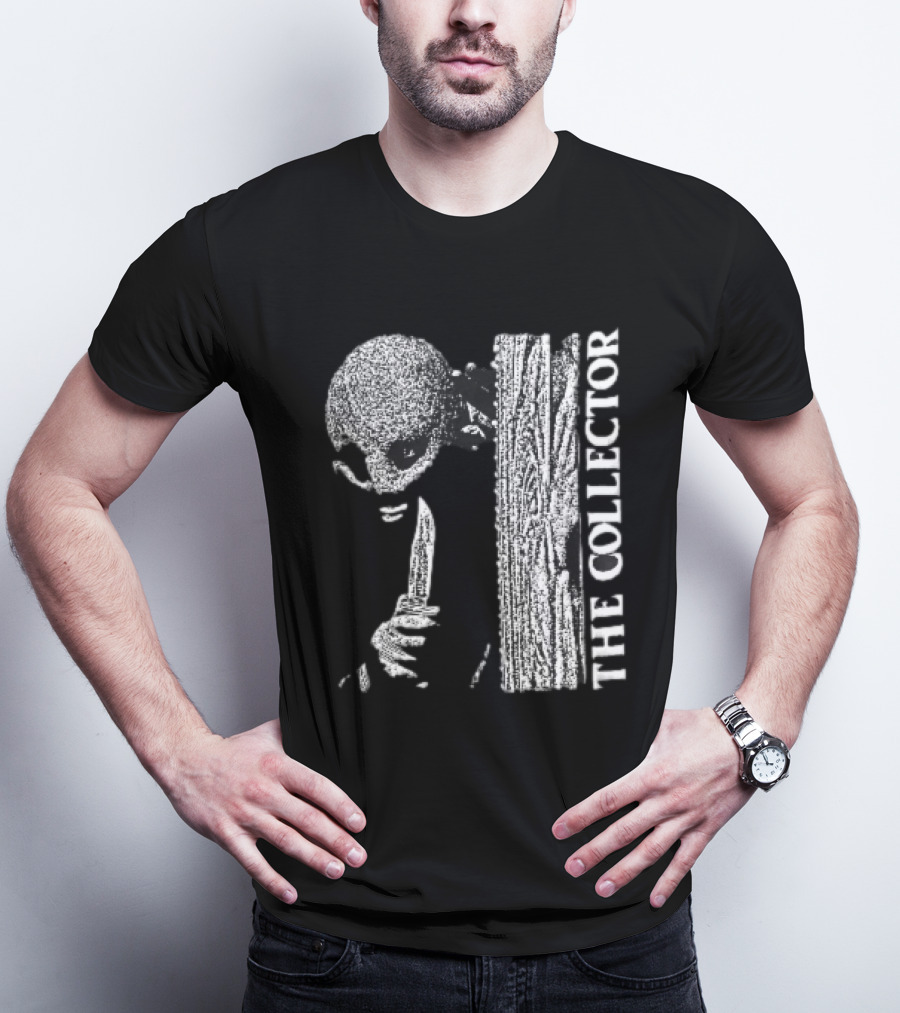 The Collector Masked Figure Knife Wooden Door Peeking Halftone T-Shirt
