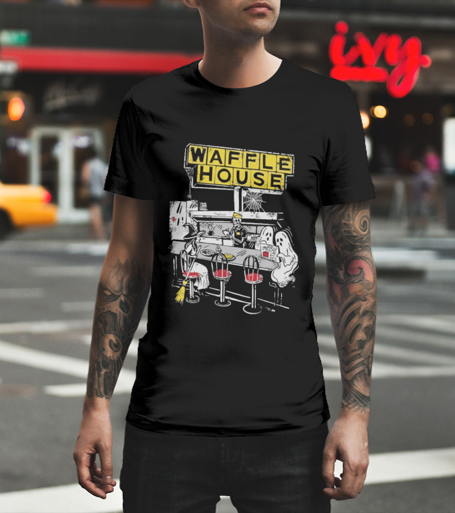 Waffle House Wafflehaunted House Ghostly Diner Scene Halloween T-Shirt