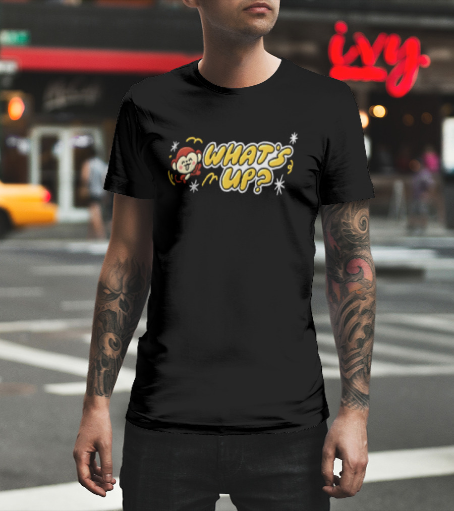 What's Up Cartoon Monkey Waving White Sparkles Squiggles T-Shirt