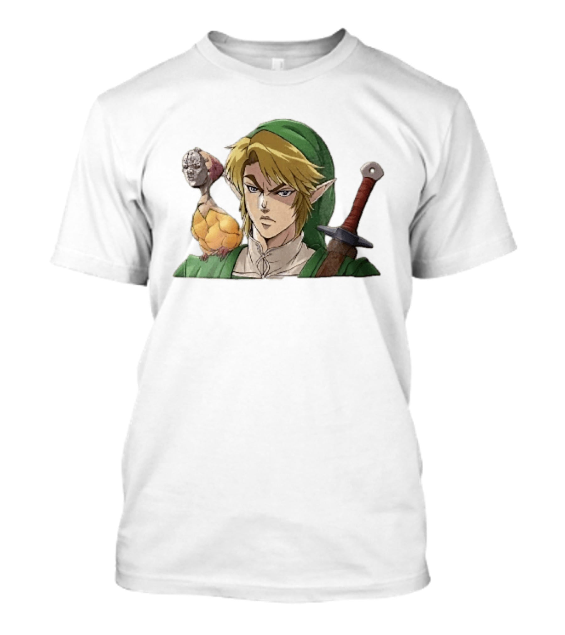 Anime Blonde Elf Knight In Green Tunic With Sword And Strange Bird Companion T-Shirt