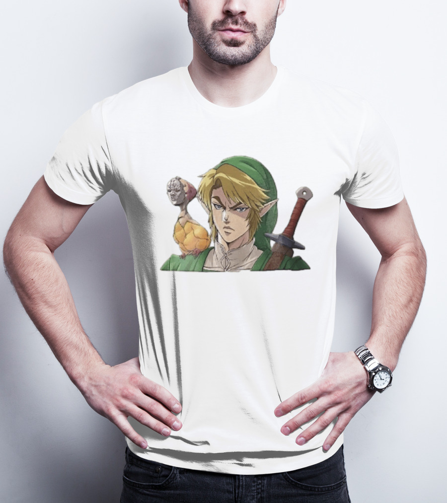 Anime Blonde Elf Knight In Green Tunic With Sword And Strange Bird Companion T-Shirt