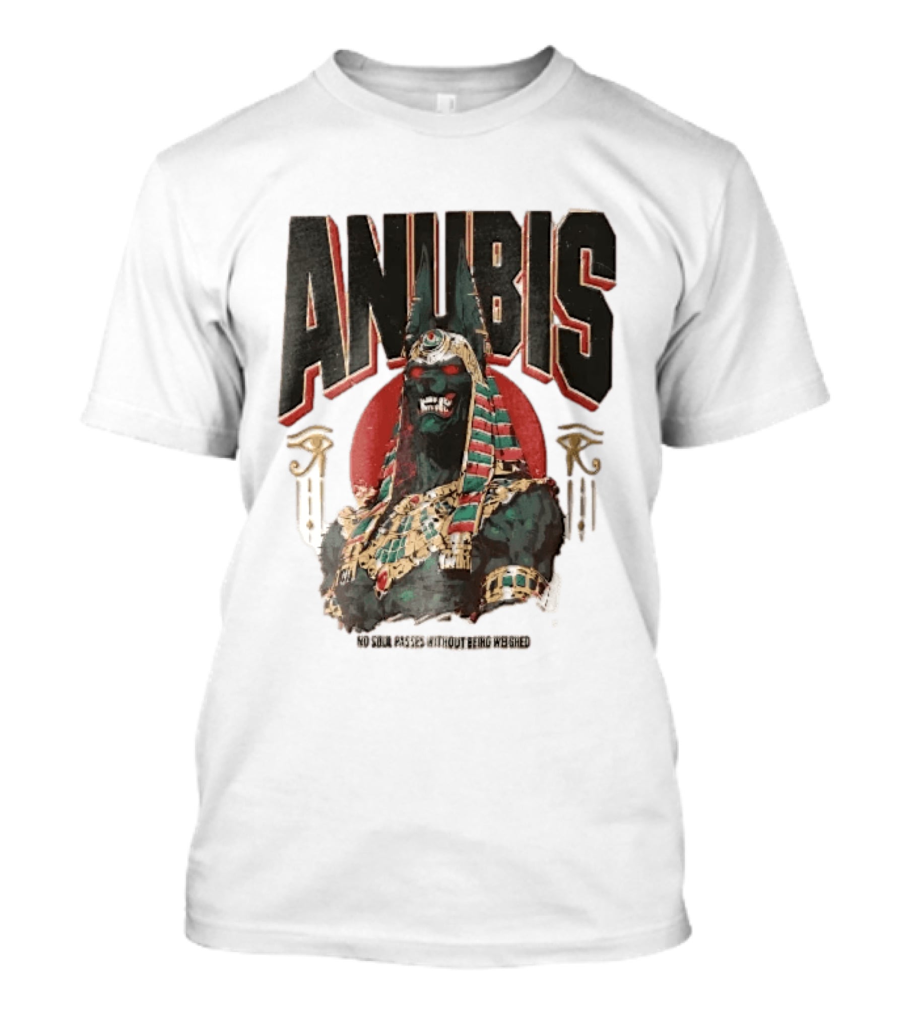Anubis Jackal Headed Egyptian God Distressed No Soul Passes Without Being Weighed Sun T-Shirt