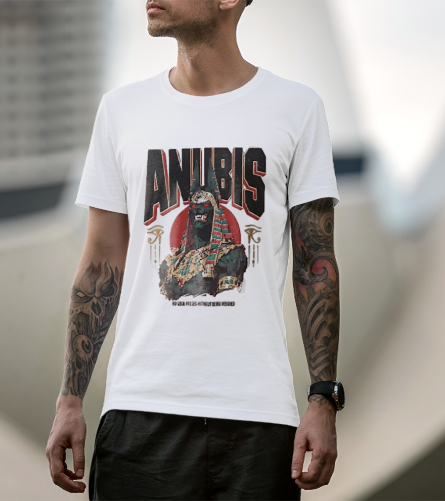 Anubis Jackal Headed Egyptian God Distressed No Soul Passes Without Being Weighed Sun T-Shirt