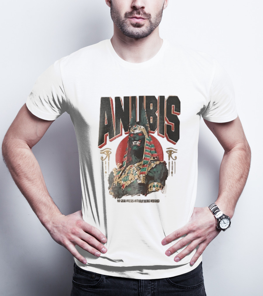 Anubis Jackal Headed Egyptian God Distressed No Soul Passes Without Being Weighed Sun T-Shirt