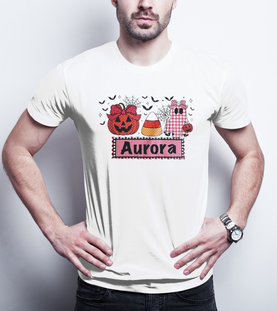 Aurora Halloween Pumpkin Ghost Candy Corn And Spiderwebs T-Shirt