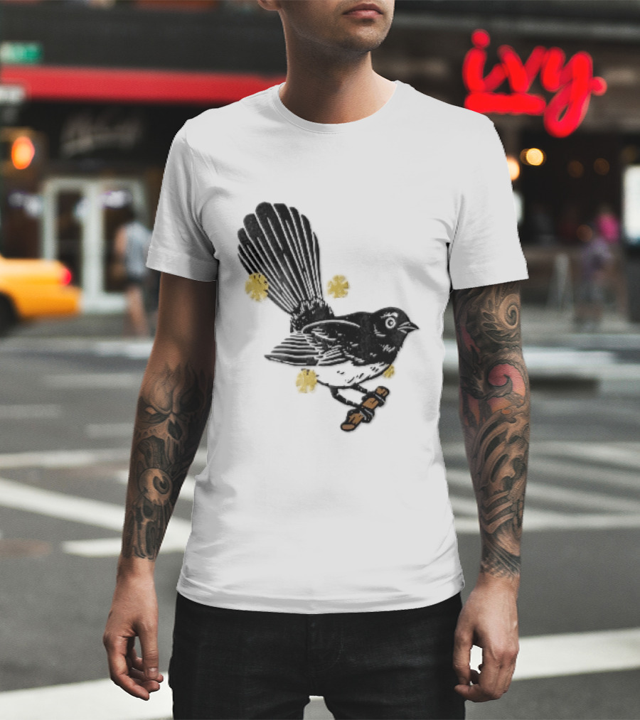 Black White Linocut Fantail Bird Branch Yellow Flowers T-Shirt