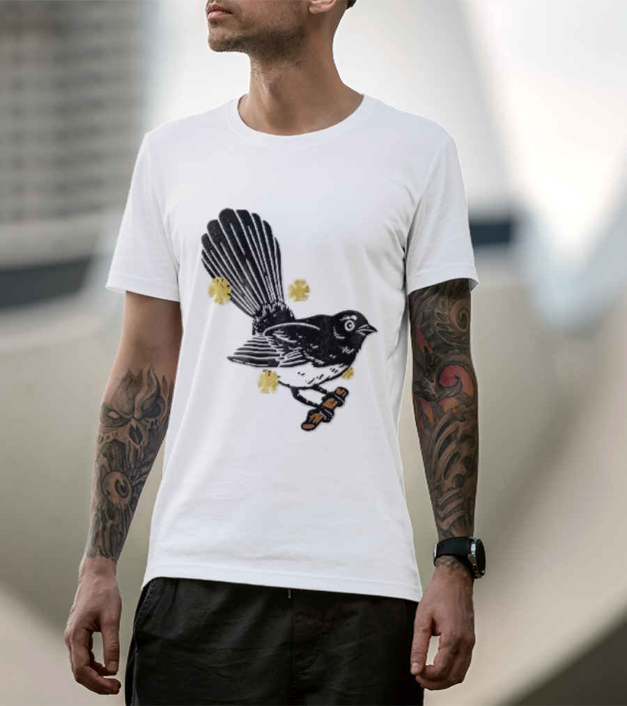 Black White Linocut Fantail Bird Branch Yellow Flowers T-Shirt