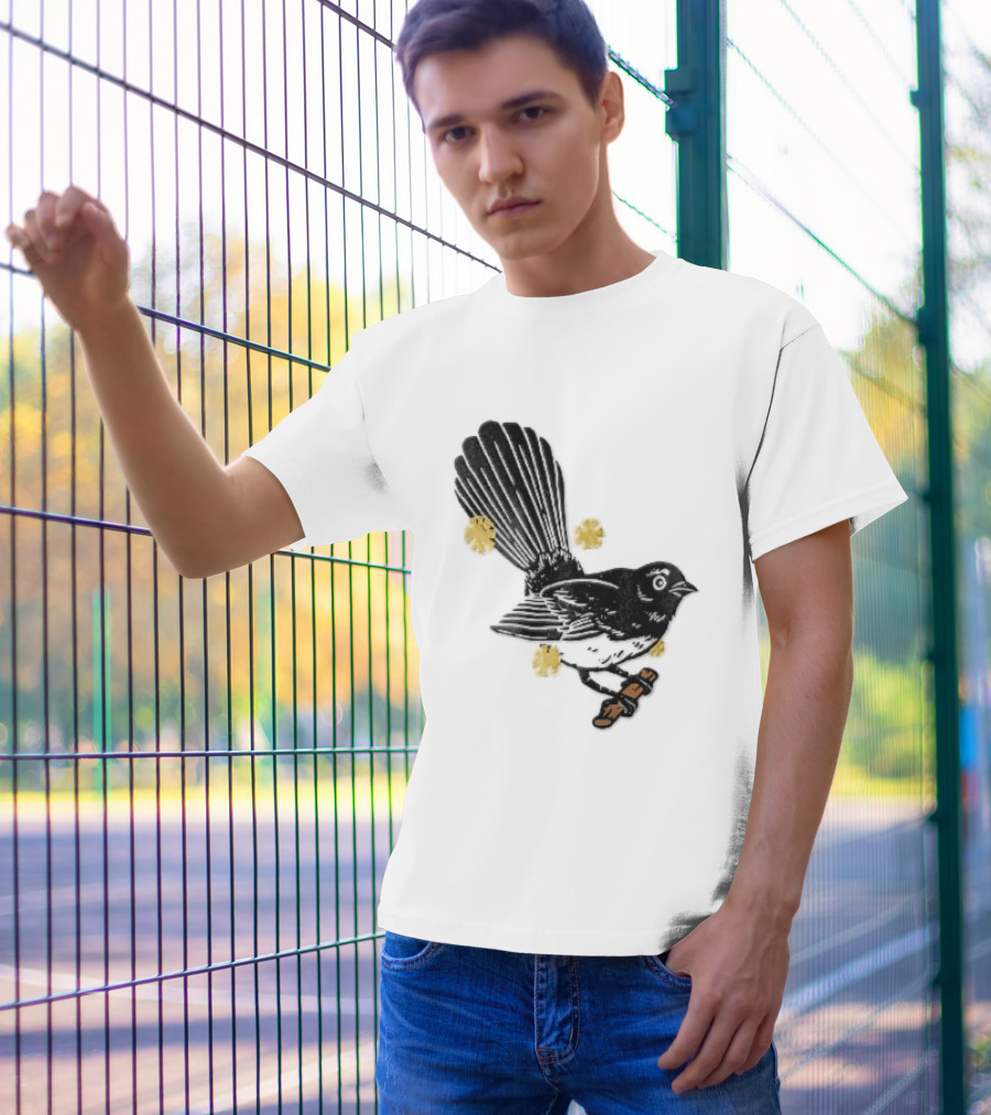 Black White Linocut Fantail Bird Branch Yellow Flowers T-Shirt