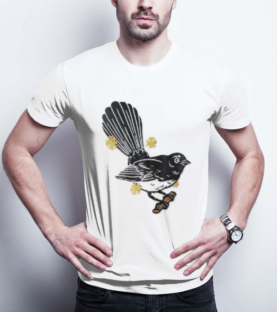 Black White Linocut Fantail Bird Branch Yellow Flowers T-Shirt