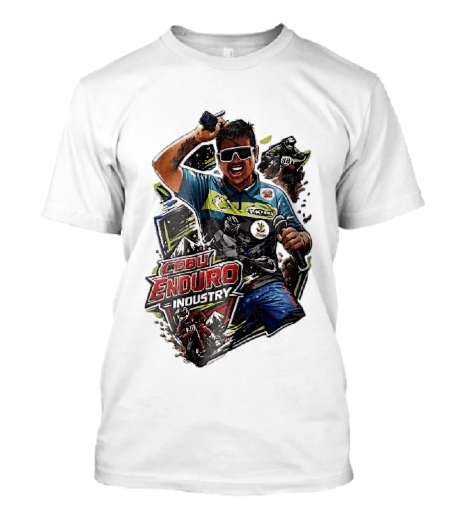 Cebu Enduro Industry Host With Microphone And Dirt Bike Riders Caricature T-Shirt