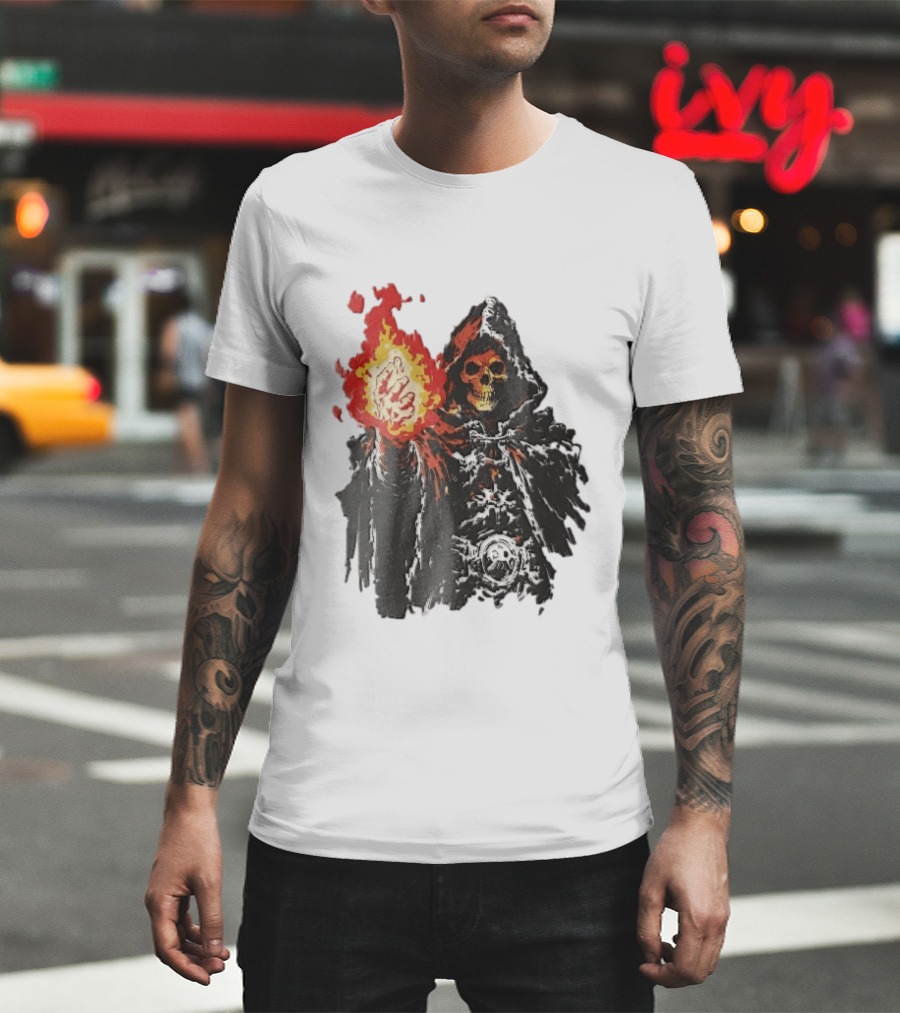 Hooded Skeleton Sorcerer With Glowing Red Fireball T-Shirt