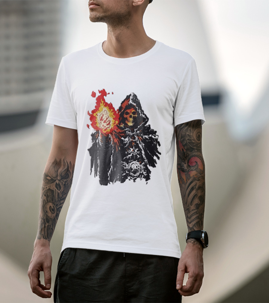 Hooded Skeleton Sorcerer With Glowing Red Fireball T-Shirt