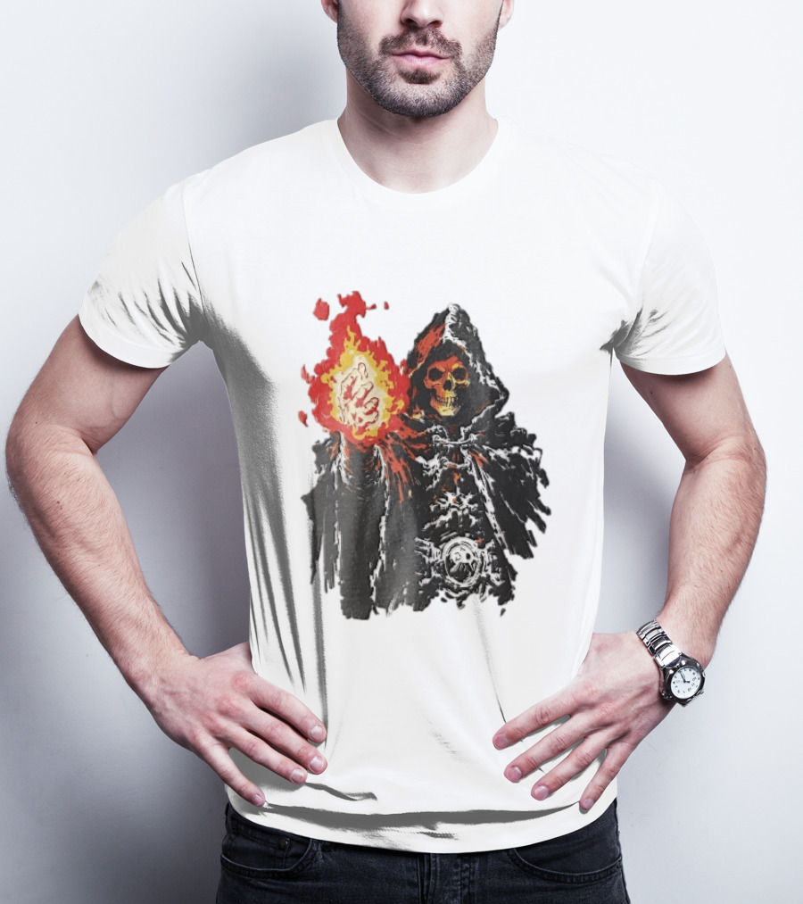 Hooded Skeleton Sorcerer With Glowing Red Fireball T-Shirt