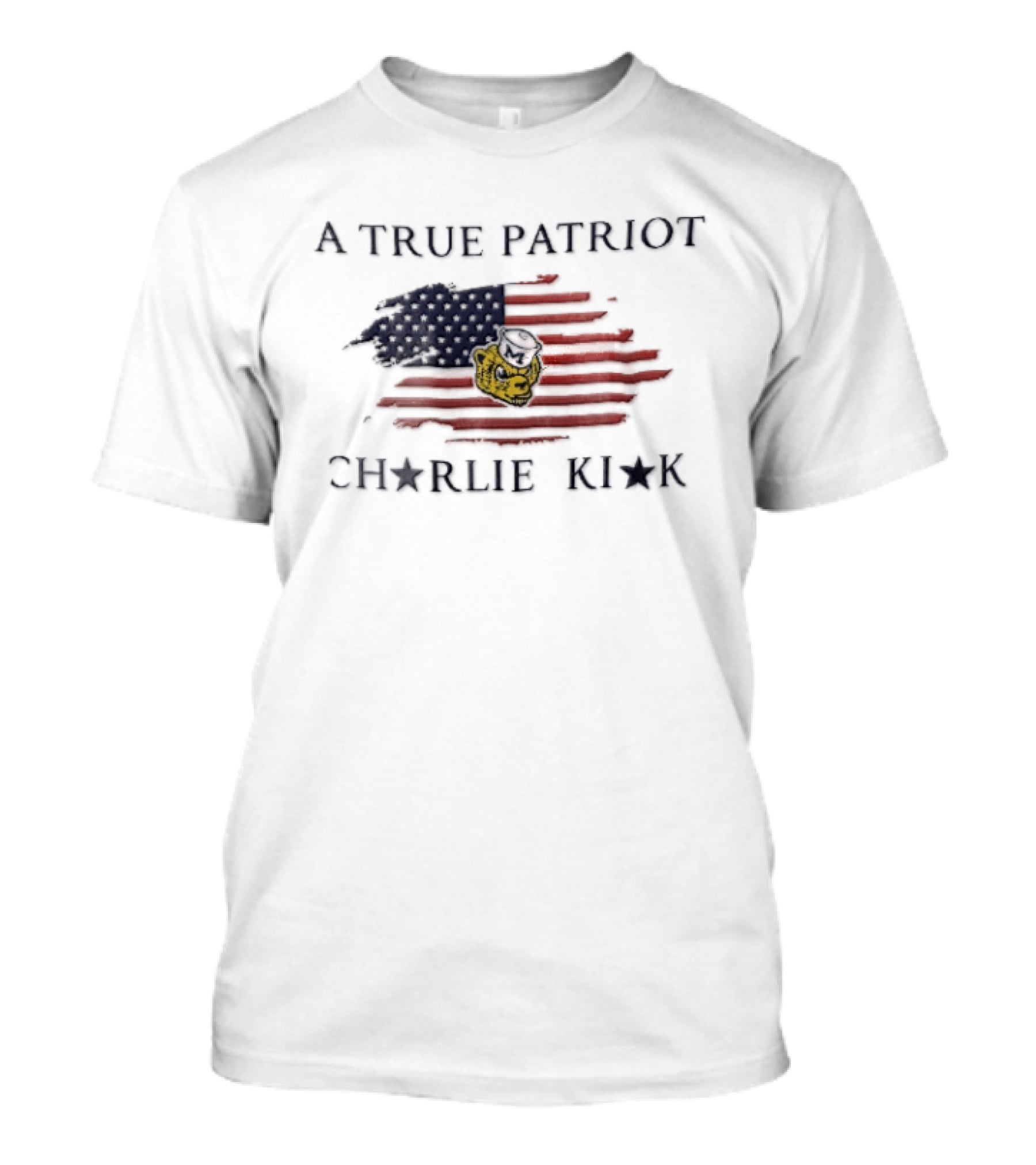 A True Patriot Charlie Kirk Distressed US Flag Wolverine Head T-Shirt