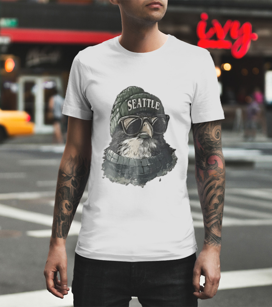 Seattle Beanie Hawk Cartoon With Sunglasses And Scarf T-Shirt