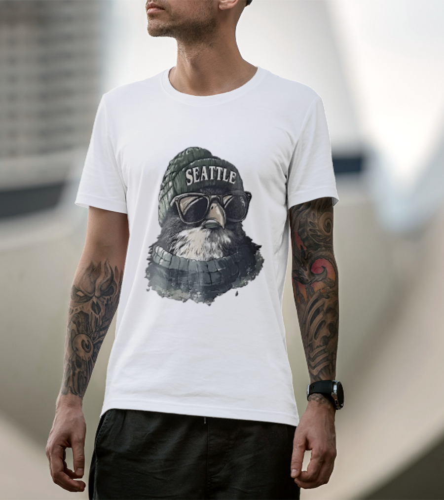 Seattle Beanie Hawk Cartoon With Sunglasses And Scarf T-Shirt