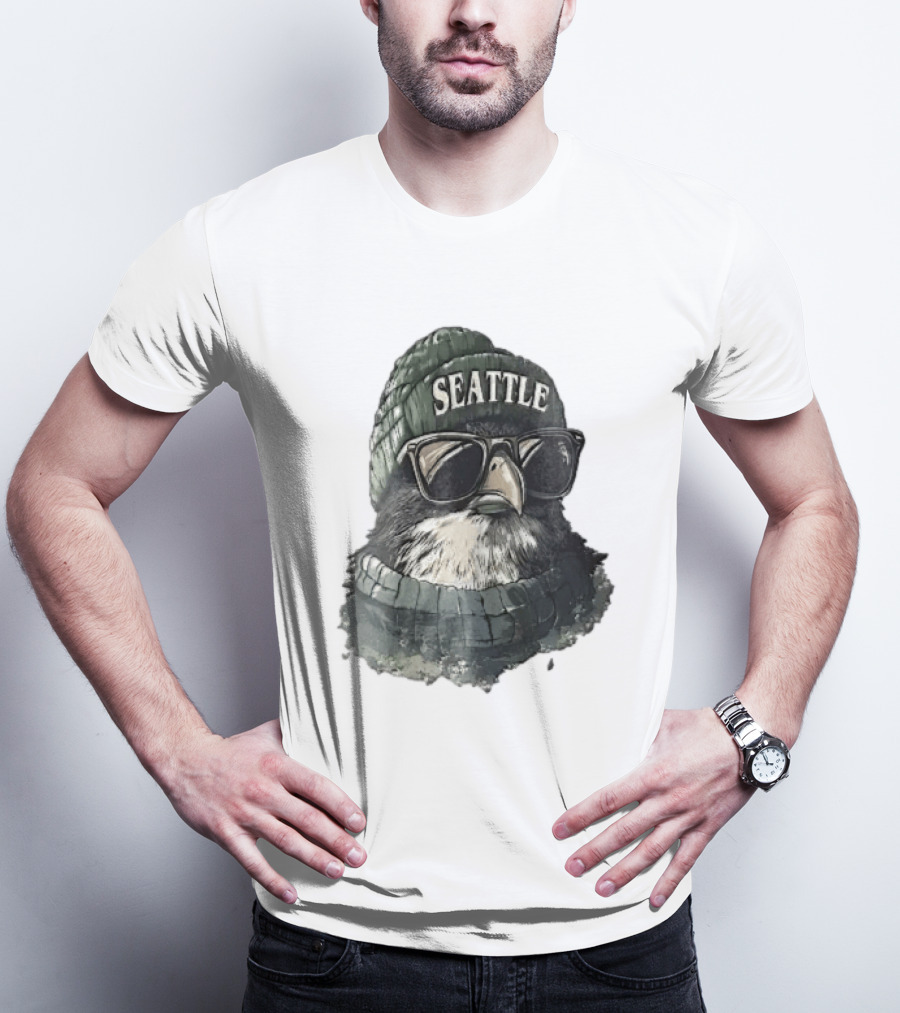 Seattle Beanie Hawk Cartoon With Sunglasses And Scarf T-Shirt