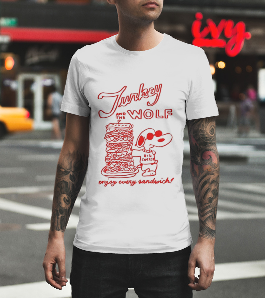 Turkey And The Wolf Big Cheese Enjoy Every Sandwich Stacked Cartoon Concept T-Shirt