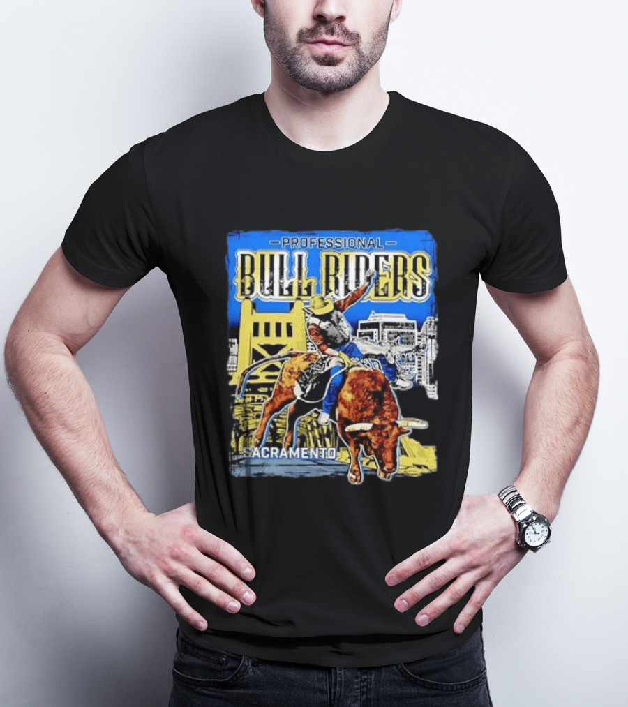 Professional Bull Riders Sacramento Cowboy Riding Bull Cityscape T-Shirt
