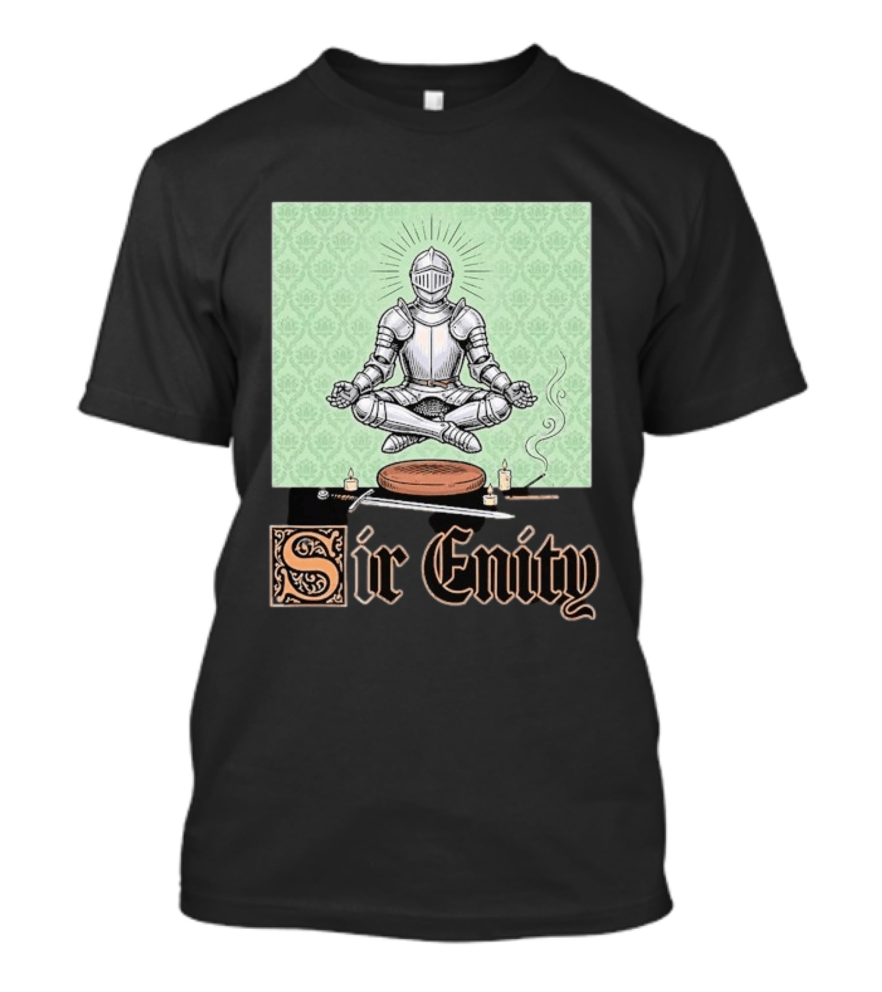 Sir Enity Knight In Meditation With Vintage Design And Candle Accents T-Shirt