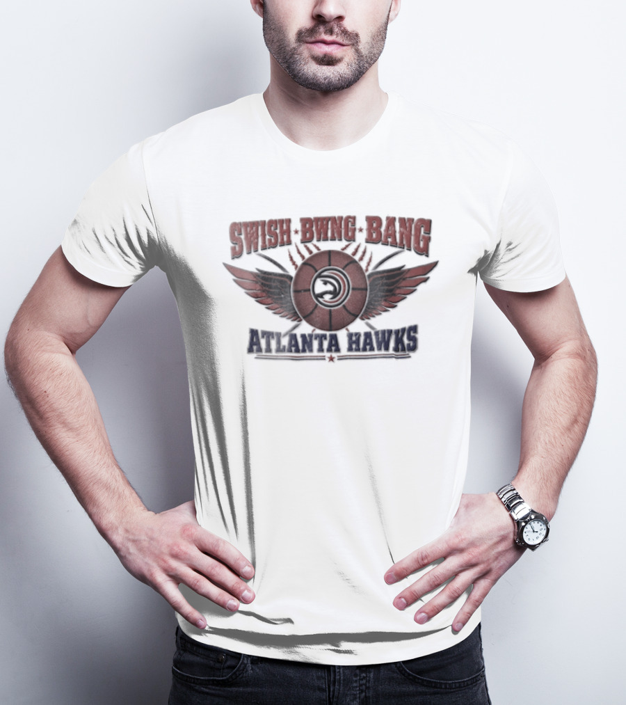 Atlanta Hawks Swish Bwng Bang Distressed Winged Basketball T-Shirt